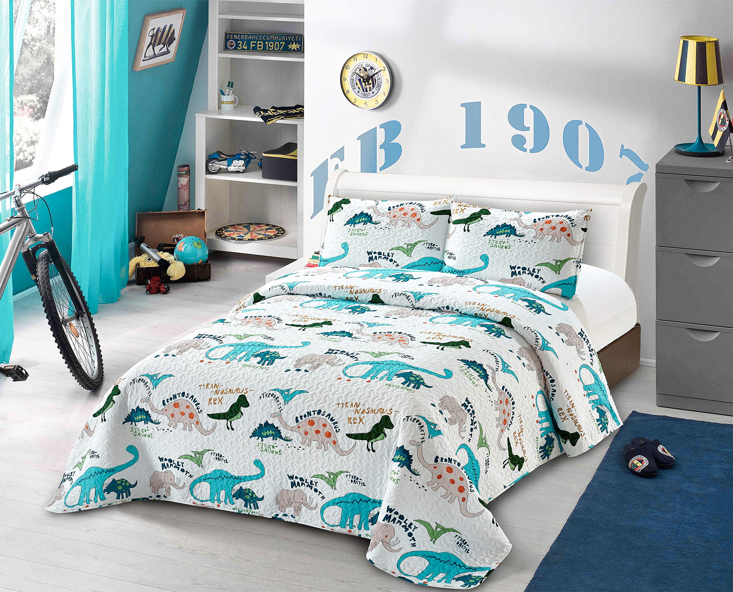 Kids Zone Collection Bedspread Coverlet Kids/Teens Variety Dinosaurs White Green Blue Orange New # Dinosaur Two (Twin)