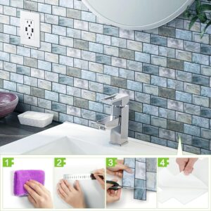 VANCORE Peel and Stick Backsplash for Kitchen: Self Adhesive Wall Tiles for Bathroom - 3D Subway Back Splash - 10 Sheets Vinyl Blue Waterproof Wallpaper with Real Marble Texture for Shower