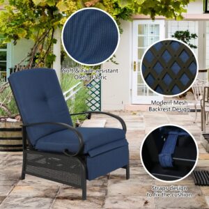 PATIO TREE Adjustable Outdoor Reclining Lounge Chair Patio Recliner Chair with Strong Extendable Metal Frame and Removable Cushions for Outdoor Reading or Relaxation (Navy)