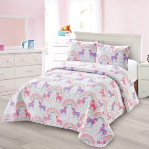 Kids Zone Collection Bedspread Coverlet Kids/Teens Unicorn Stars Hearts Rainbow White Pink Purple Yellow Orange Grey New # Unicorn Two (Twin)