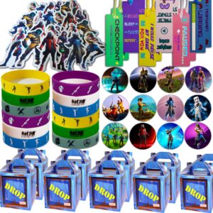 gaming party supplies set - 72 pack video game birthday party favors set, 12 gaming themed gift boxes, 12 bookmarks, 12 badges, 12 bracelets & 24 gamer stickers decoration