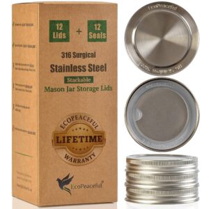 ecopeaceful 316 surgical stainless steel mason jar lids regular mouth,original design,stackable w/ pull-tab silicone seal. rust-proof, airtight, leak-proof, vegan, bpa-free, reusable,not for canning