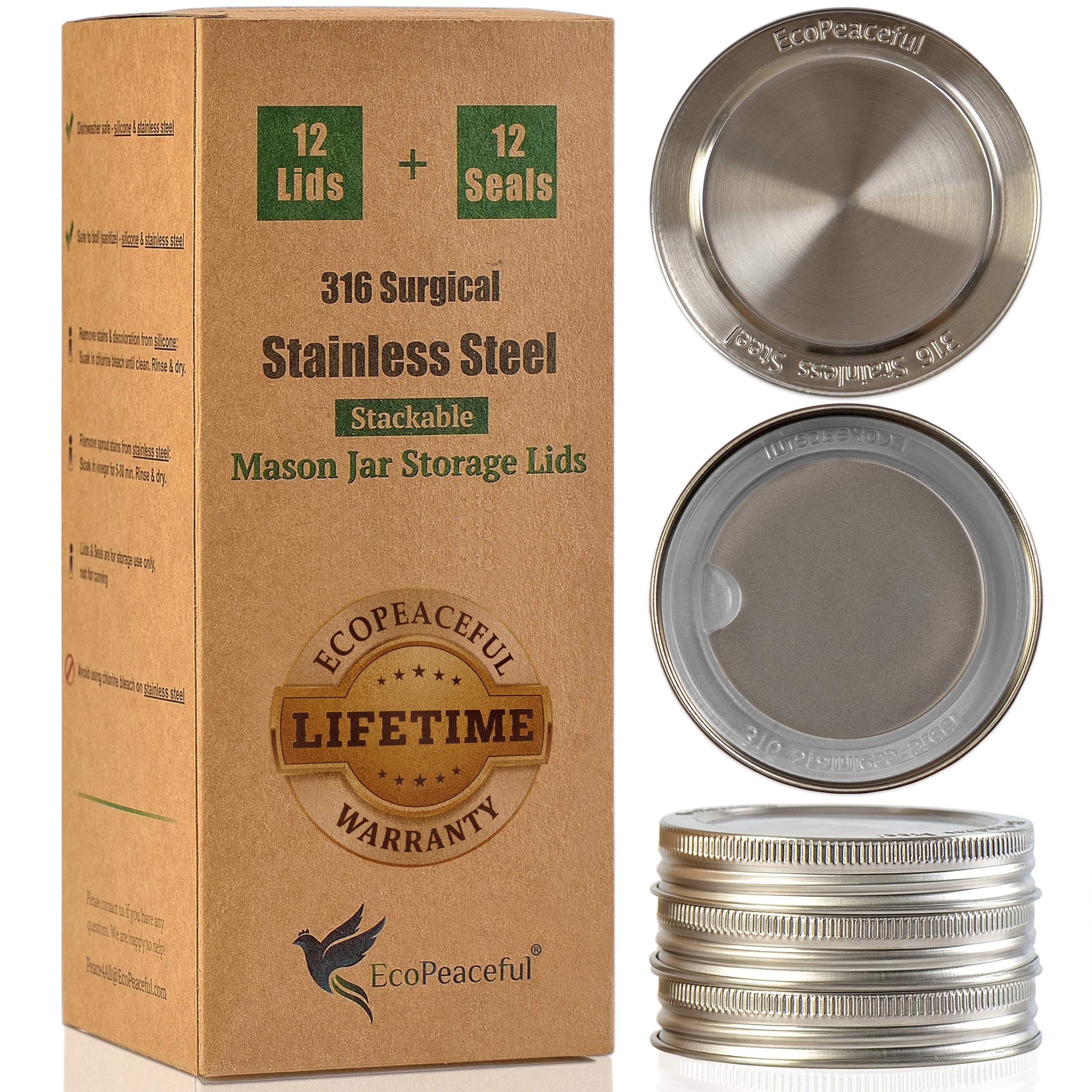 EcoPeaceful 316 Surgical Stainless Steel Mason Jar Lids REGULAR Mouth,ORIGINAL DESIGN,Stackable w/ Pull-Tab Silicone Seal. Rust-proof, Airtight, Leak-proof, Vegan, BPA-Free, Reusable,Not for Canning