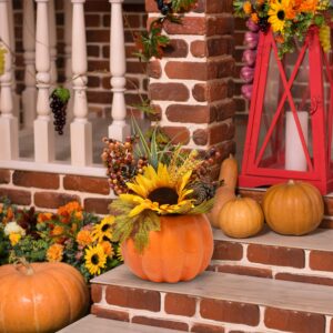 Gift Boutique Fall Pumpkin Centerpiece Artificial Floral Arrangement with Faux Maple Leaves Sunflower Pine Cone Berries Wheat for Porch Large Halloween Thanksgiving Tabletop Decorations 11 Inch