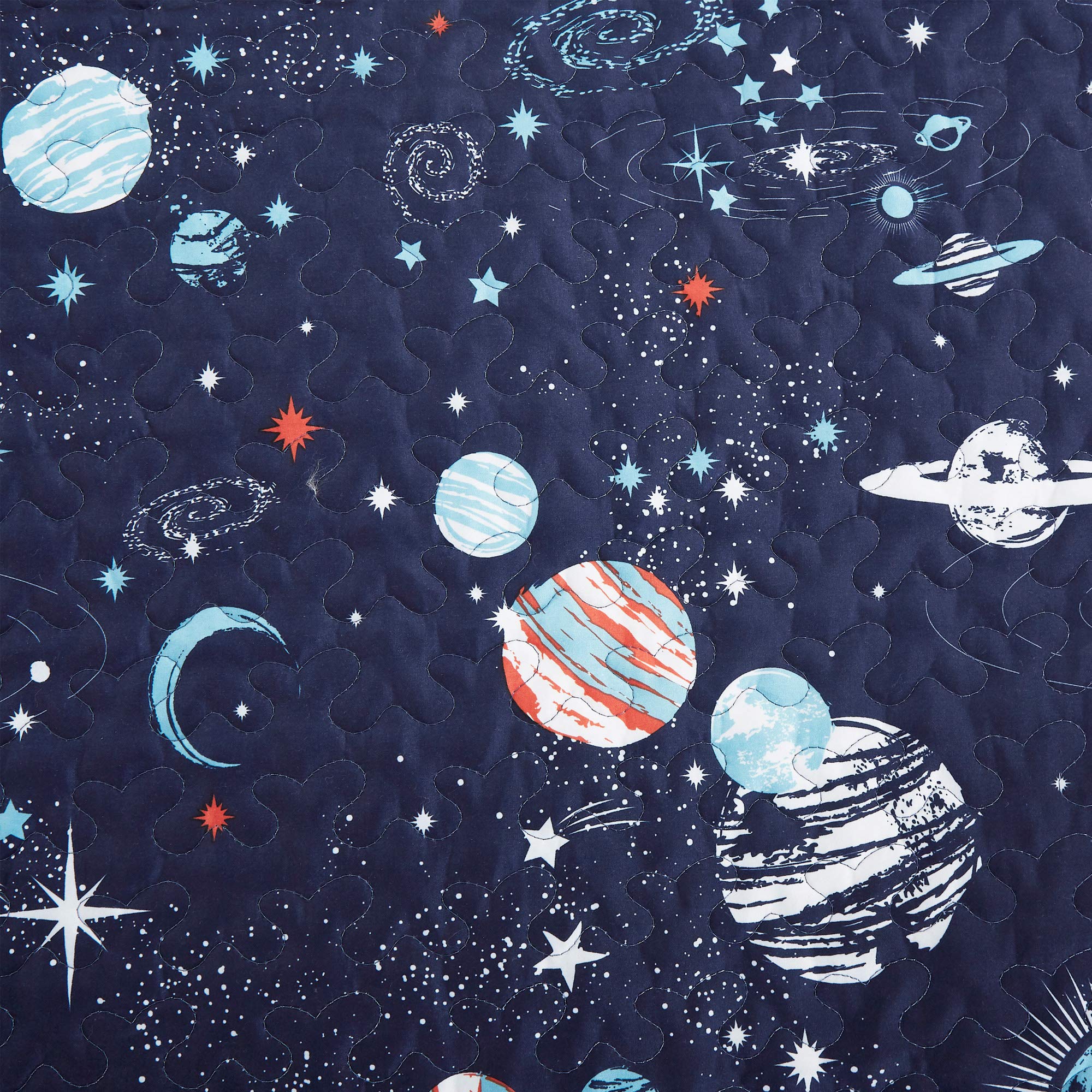 WPM WORLD PRODUCTS MART Blue Planet Universe Theme Kids Quilt Set Toddler Stars Space Galaxy Rocket Design Twin Size for Toddler Bed Bedspread with Pillow Shams (Pandora, Twin)