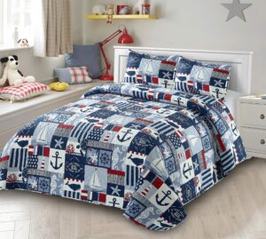 kids zone collection bedspread coverlet kids/teens anchor sailboat seahorse starfish whale turtle stars steering wheel helm nautical dark blue light blue red white new # my anchor (twin)