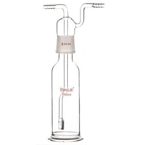 stonylab gas washing bottle, borosilicate glass 34/34 stopper gas bubbler gas washing bottle with fritted disc and 8 mm od inlet/outlet hoses, 250 ml