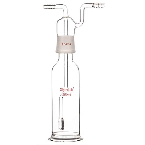 stonylab Gas Washing Bottle, Borosilicate Glass 34/34 Stopper Gas Bubbler Gas Washing Bottle with Fritted Disc and 8 mm OD Inlet/Outlet Hoses, 250 ml