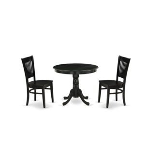 east west furniture anva3-blk-w 3 piece kitchen table set for small spaces contains a round dining room table with pedestal and 2 dining chairs, 36x36 inch, black