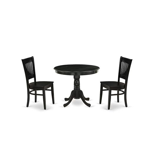 East West Furniture ANVA3-BLK-W 3 Piece Kitchen Table Set for Small Spaces Contains a Round Dining Room Table with Pedestal and 2 Dining Chairs, 36x36 Inch, Black