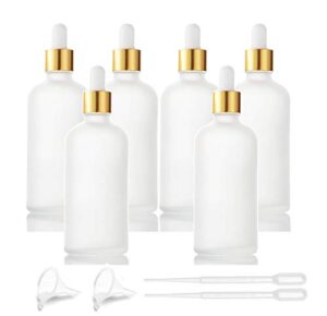 6 pcs,3.4 oz white matte glass dropper bottle for essential oils,empty glass massage oil bottle holder with glass reagent pipette,perfume travel container,gold aluminum lid-pipette,funnel included