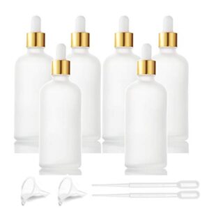 6 Pcs,3.4 Oz White Matte Glass Dropper Bottle for Essential Oils,Empty Glass Massage Oil Bottle Holder With Glass Reagent Pipette,Perfume Travel Container,Gold Aluminum Lid-Pipette,Funnel included