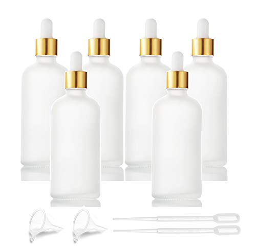 6 Pcs,3.4 Oz White Matte Glass Dropper Bottle for Essential Oils,Empty Glass Massage Oil Bottle Holder With Glass Reagent Pipette,Perfume Travel Container,Gold Aluminum Lid-Pipette,Funnel included