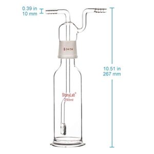 stonylab Gas Washing Bottle, Borosilicate Glass 34/34 Stopper Gas Bubbler Gas Washing Bottle with Fritted Disc and 8 mm OD Inlet/Outlet Hoses, 250 ml