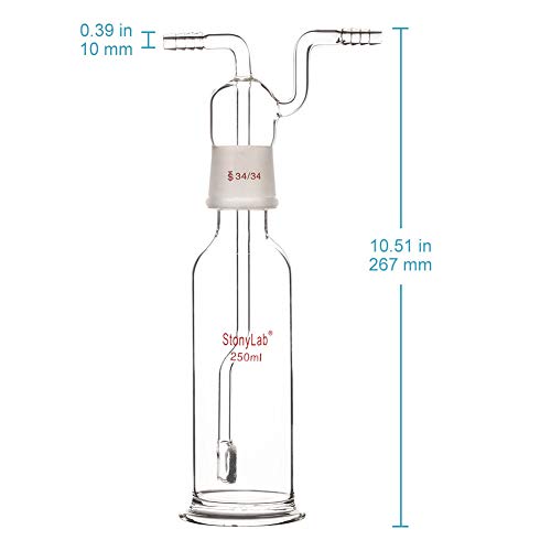 stonylab Gas Washing Bottle, Borosilicate Glass 34/34 Stopper Gas Bubbler Gas Washing Bottle with Fritted Disc and 8 mm OD Inlet/Outlet Hoses, 250 ml