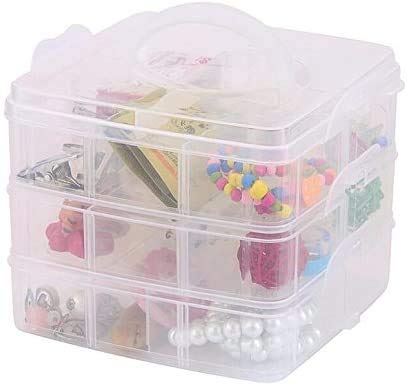 RainbowBaby 3-Tier Stackable Storage Box Organizer, 18 Adjustable Compartments, Small Plastic Craft Case Container Bins for Sewing Accessories, Jewelry Beads Arts and Crafts Beauty Supplies (Pink)