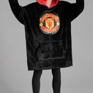 Manchester United FC Fleece Hoodie Blanket for Boys Teenagers One Size Kids Oversized Hoodie Man United Gifts for Boys (Black)