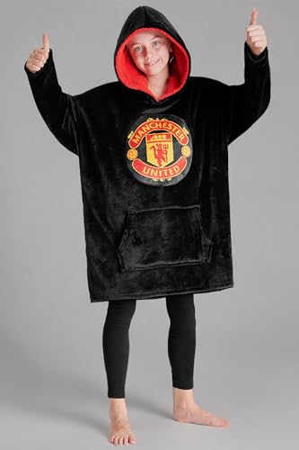 Manchester United FC Fleece Hoodie Blanket for Boys Teenagers One Size Kids Oversized Hoodie Man United Gifts for Boys (Black)