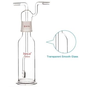 stonylab Gas Washing Bottle, Borosilicate Glass 34/34 Stopper Gas Bubbler Gas Washing Bottle with Fritted Disc and 8 mm OD Inlet/Outlet Hoses, 250 ml