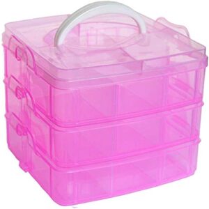 rainbowbaby 3-tier stackable storage box organizer, 18 adjustable compartments, small plastic craft case container bins for sewing accessories, jewelry beads arts and crafts beauty supplies (pink)