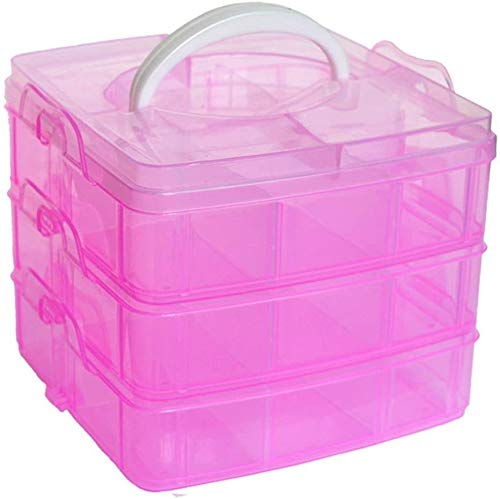 RainbowBaby 3-Tier Stackable Storage Box Organizer, 18 Adjustable Compartments, Small Plastic Craft Case Container Bins for Sewing Accessories, Jewelry Beads Arts and Crafts Beauty Supplies (Pink)