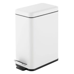 mDesign Pedal Bin — Household Bin with Pedal, Lid and Plastic Bucket Insert for Bathroom, Kitchen, and Office — Metal Rubbish Bin with Ergonomic Design — White