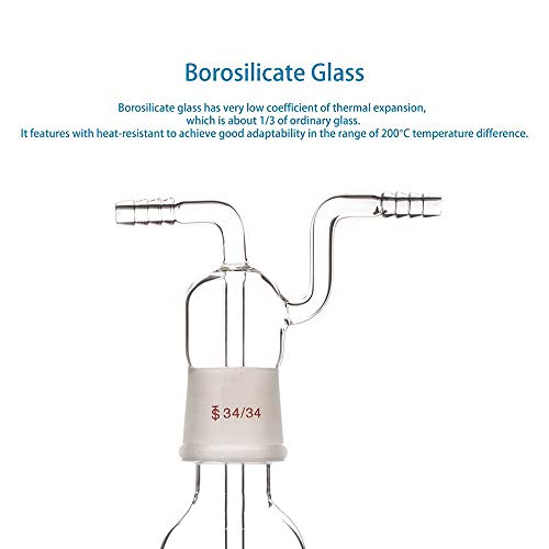 stonylab Gas Washing Bottle, Borosilicate Glass 34/34 Stopper Gas Bubbler Gas Washing Bottle with Fritted Disc and 8 mm OD Inlet/Outlet Hoses, 250 ml