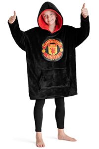 manchester united fc fleece hoodie blanket for boys teenagers one size kids oversized hoodie man united gifts for boys (black)