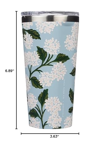 Corkcicle Tumbler Rifle Paper Co. Triple Insulated Stainless Steel Travel Mug, BPA Free, Keeps Beverages Cold for 9 Hours and Hot for 3 Hours, 16 oz, Hydrangea