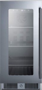 summit appliance cl156bvlhd 15" wide built-in beverage center with left-hand door swing, seamless stainless steel trimmed glass door, auto defrost, led lighting, lock, and black cabinet