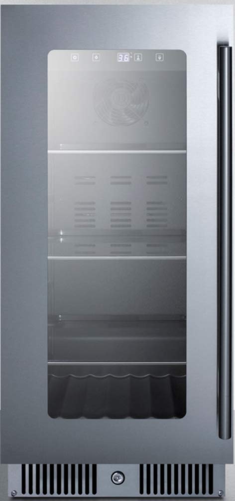 Summit Appliance CL156BVLHD 15" Wide Built-In Beverage Center with Left-Hand Door Swing, Seamless Stainless Steel Trimmed Glass Door, Auto Defrost, LED Lighting, Lock, and Black Cabinet