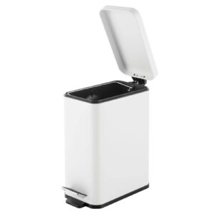 mDesign Pedal Bin — Household Bin with Pedal, Lid and Plastic Bucket Insert for Bathroom, Kitchen, and Office — Metal Rubbish Bin with Ergonomic Design — White