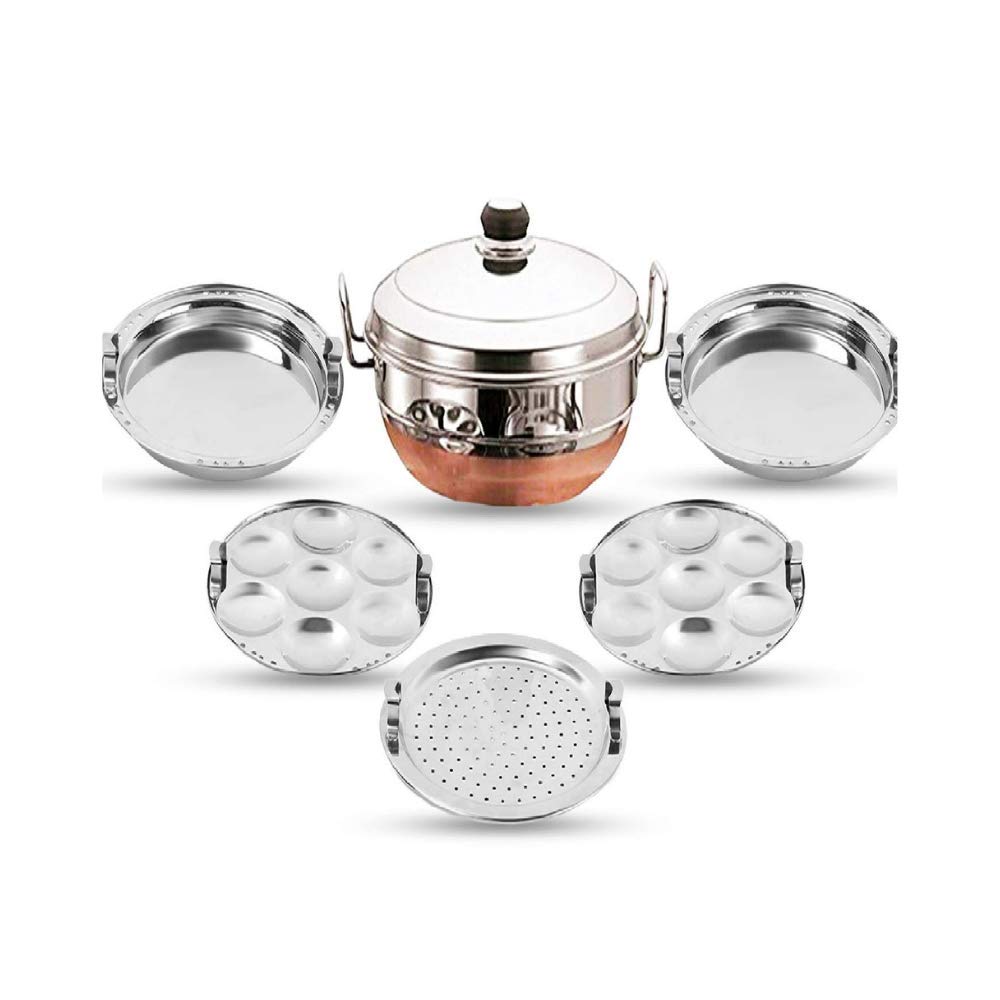 Sophronia Stainless Steel Idli Cooker Multi Kadai Steamer with Copper Bottom All-in-One Big Size 5 Plate 2 Idli | 2 Dhokla | 1 Patra | Momo's | 28.5 cm Dia