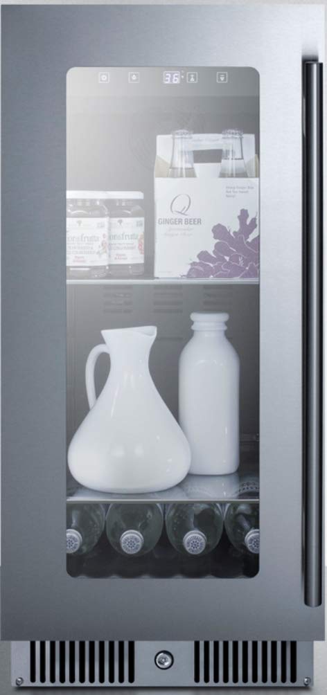 Summit Appliance CL156BVLHD 15" Wide Built-In Beverage Center with Left-Hand Door Swing, Seamless Stainless Steel Trimmed Glass Door, Auto Defrost, LED Lighting, Lock, and Black Cabinet