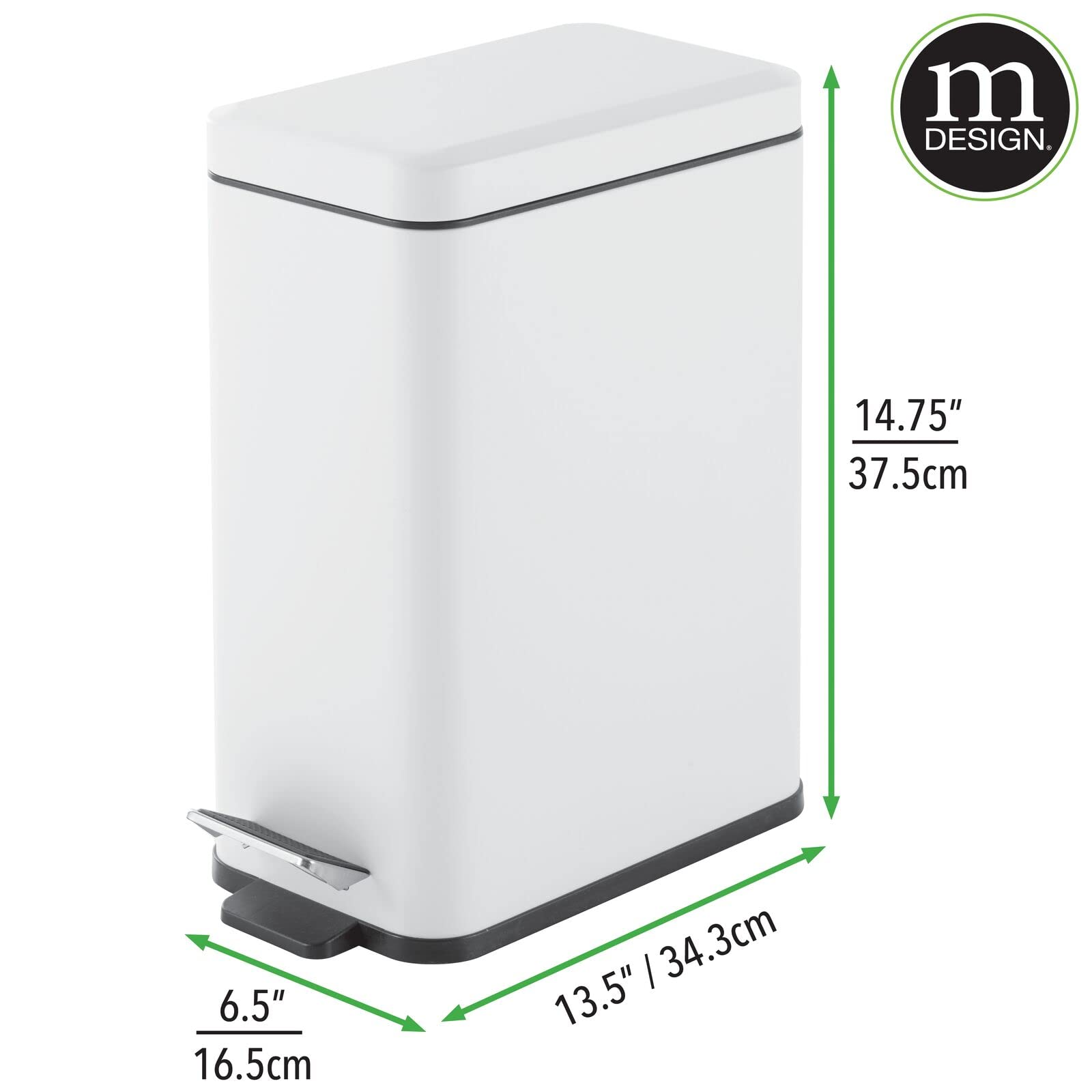 mDesign Pedal Bin — Household Bin with Pedal, Lid and Plastic Bucket Insert for Bathroom, Kitchen, and Office — Metal Rubbish Bin with Ergonomic Design — White