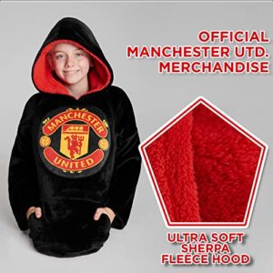 Manchester United FC Fleece Hoodie Blanket for Boys Teenagers One Size Kids Oversized Hoodie Man United Gifts for Boys (Black)