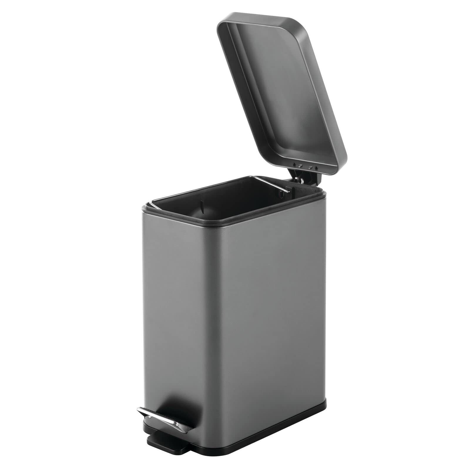 mDesign Pedal Bin — Household Bin with Pedal, Lid and Plastic Bucket Insert for Bathroom, Kitchen, and Office — Metal Rubbish Bin with Ergonomic Design — Graphite