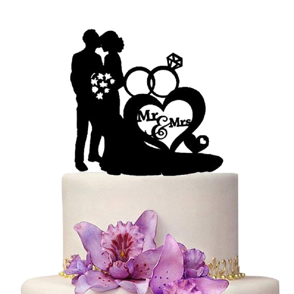 YAMI COCU Mr And Mrs Wedding Cake Toppers Bride and Groom Black Color Heart Acrylic Silhouette Wedding Party Engagement Decoration