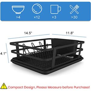 TreeLen Dish Drainers for Kitchen Counter with Drainboard Set Black Dishes Drying Rack Dish Sink Strainers with Removable Utensil Cup Holder-Black-14.6x11.8”