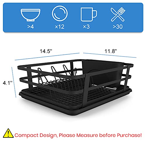 TreeLen Dish Drainers for Kitchen Counter with Drainboard Set Black Dishes Drying Rack Dish Sink Strainers with Removable Utensil Cup Holder-Black-14.6x11.8”