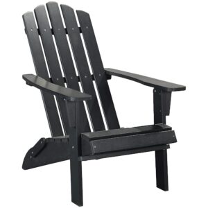 polyteak folding adirondack chair, premium weather resistant poly lumber, outdoor patio furniture, up to 300 lbs, plastic adirondack chairs for patio garden fire pit, classic collection - black