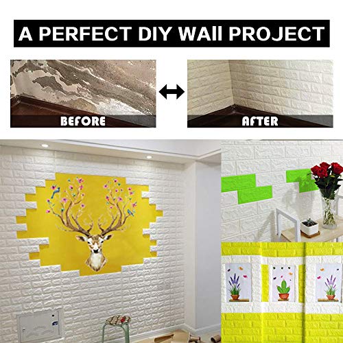 Sodeno 3D Wall Panels Peel and Stick, 14.5 Sq Ft Coverage,Printable Faux Brick Wallpaper Sticker with Self-Adhesive Waterproof Foam for Interior Wall Decor, Bathroom, Home Decoration (10 Pcs) (White)