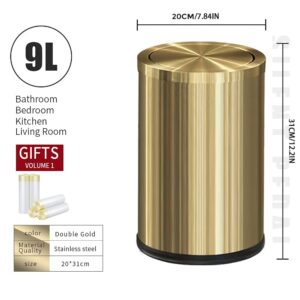 LEASYLIFE Antique Gold Trash can,Gold Bathroom Trash can with lid，Small Trash Can with Flipping Lid, 2.4gallon,Gold Garbage can for Bathroom,Laundry，Hotel，Office， Laundry Room ，Metallic Gold (Single)