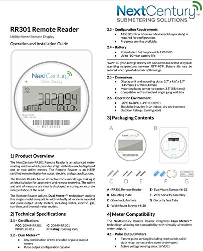 Next Century Remote Reader Display for Pulse or Encoded Meters (Water, Gas and Electric)