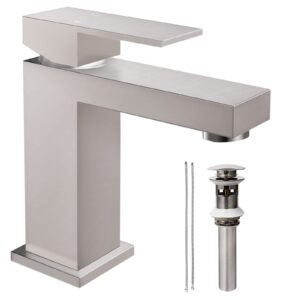 brushed nickel bathroom faucet - celaeno solid square single handle bathroom sink faucet with pop up drain, modern single hole bathroom sink basin vanity sink faucet