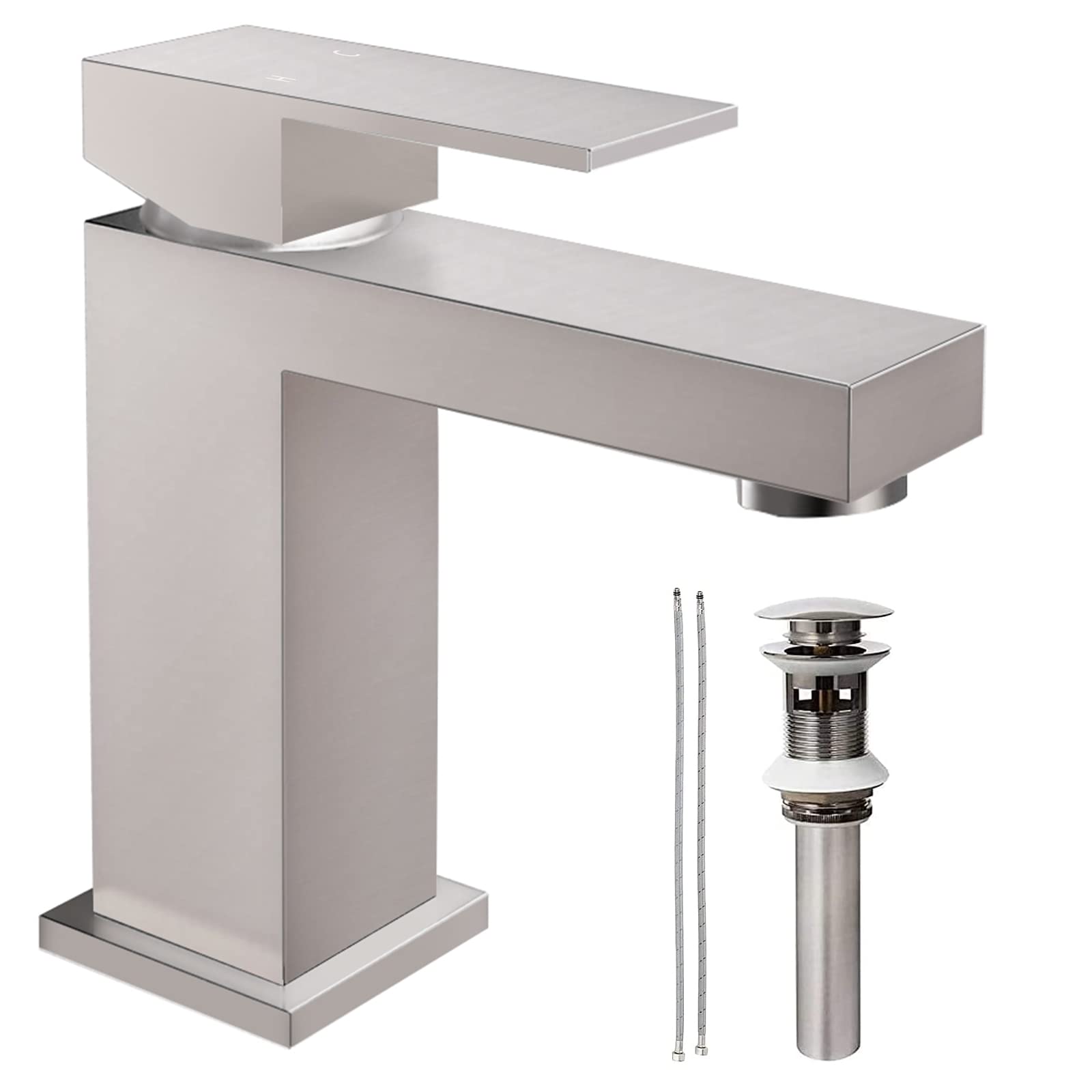 Brushed Nickel Bathroom Faucet - CELAENO Solid Square Single Handle Bathroom Sink Faucet with Pop Up Drain, Modern Single Hole Bathroom Sink Basin Vanity Sink Faucet