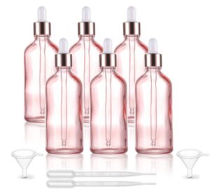 6 pcs,3.4 oz pink glass dropper bottle for essential oils,empty glass massage oil bottle holder with glass reagent pipette,aromatherapy perfume travel vial container-free pipette,funnel included