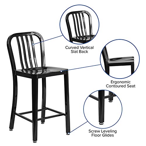 BizChair Commercial Grade 24" H Black Metal Indoor-Outdoor Counter Stool w/Slat Back