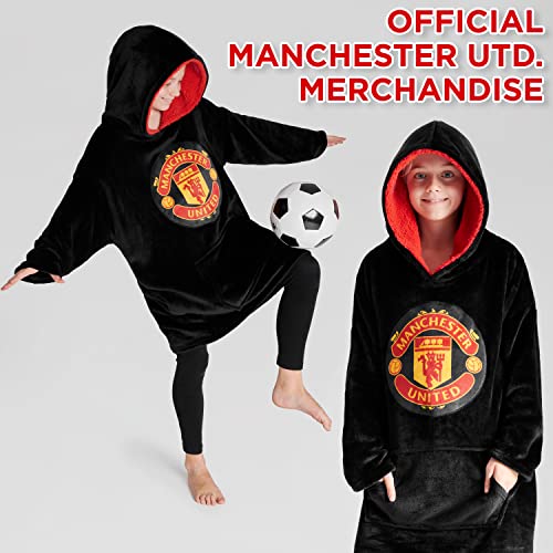 Manchester United FC Fleece Hoodie Blanket for Boys Teenagers One Size Kids Oversized Hoodie Man United Gifts for Boys (Black)