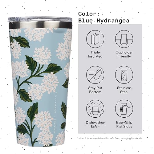 Corkcicle Tumbler Rifle Paper Co. Triple Insulated Stainless Steel Travel Mug, BPA Free, Keeps Beverages Cold for 9 Hours and Hot for 3 Hours, 16 oz, Hydrangea